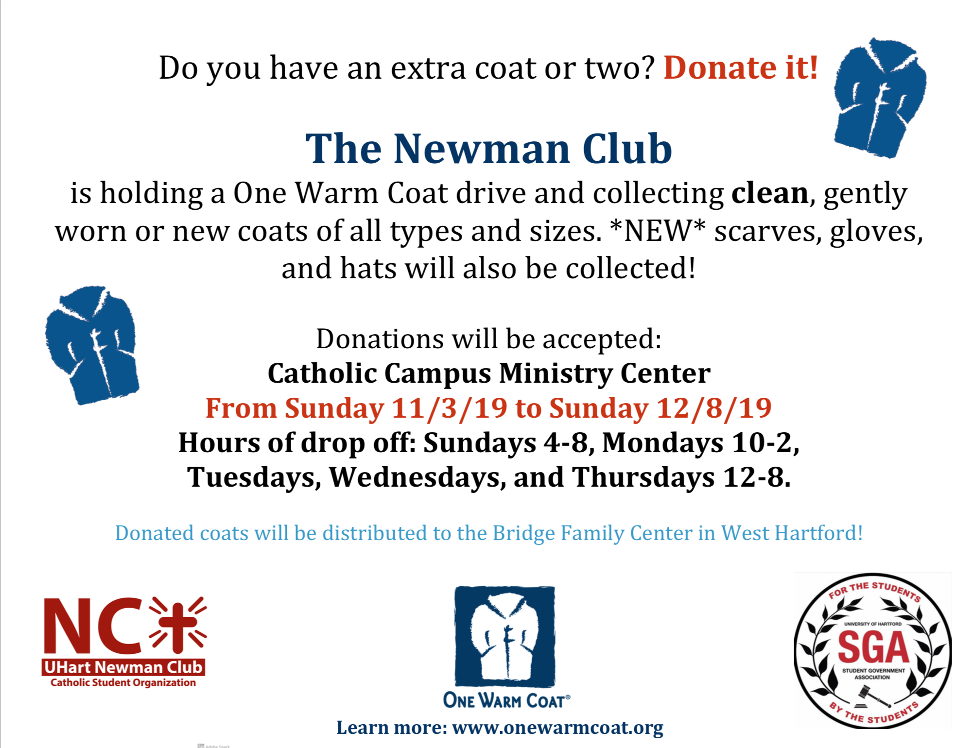 Newman Club One Warm Coat Drive | University of Hartford